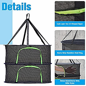 Herb Drying Rack Food Dehydrator Plant Hanging Mesh U Shape 2 Layers Collapsible Dry Net with Zipper, Pruning Scissors, Hook, Herb Rack for Drying Seeds, Herb, Vegs, Fruits, Bud, Plants(24"x15.6")