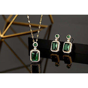 LYLYMIMI Emerald Jewelry for Women Green Stone Necklace Earrings Set Cute Necklaces with Crystal Dangle Earrings