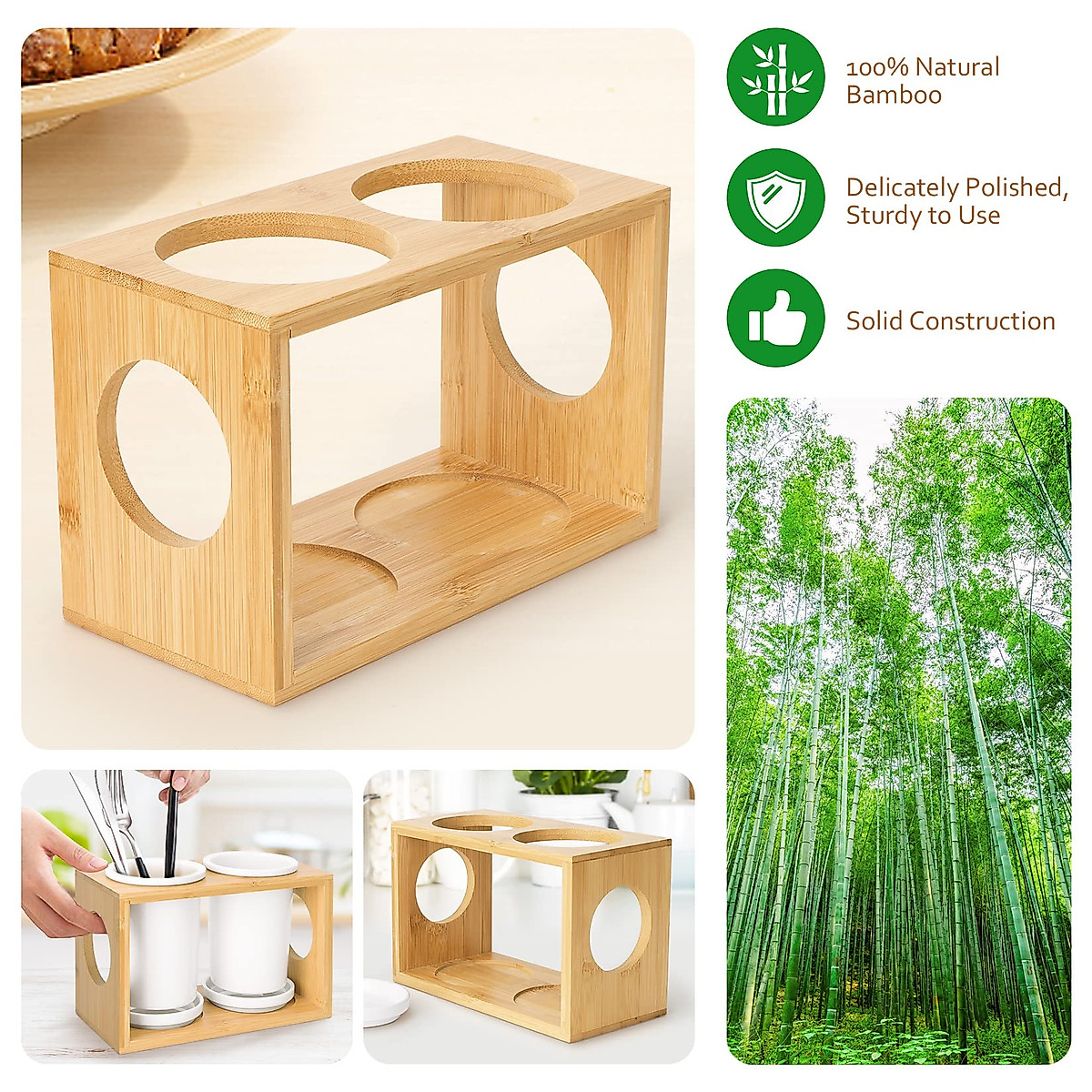 LBSUN Silverware Caddy, Utensil caddy, Ceramic Silverware Holder for Countertop with Natural Bamboo Rack, Ceramic Tray, Utensil Holder for Kitchen Counter, Cabinet, Pantry, Party, Ceramic Tray, White