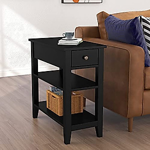 ChooChoo Side Table Living Room, Narrow End Table with Drawer and Shelf, 3-Tier Sofa End Table for Small Space, Black