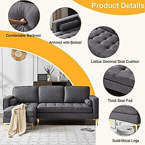 Karl home L-Shape Sectional Sofa Linen Fabric Sofa Couch Living Room Futon Couch with Reversible Chaise, Lattice Decored Seat Cushion, Dark Gray