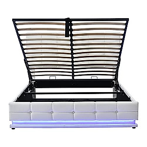 Bellemave Queen Lift Storage Bed with LED Lights and USB Charger, PU Upholstered Queen Platform Bed with Hydraulic Storage System for Kids Teens and Adults, No Box Spring Needed (Queen, White)