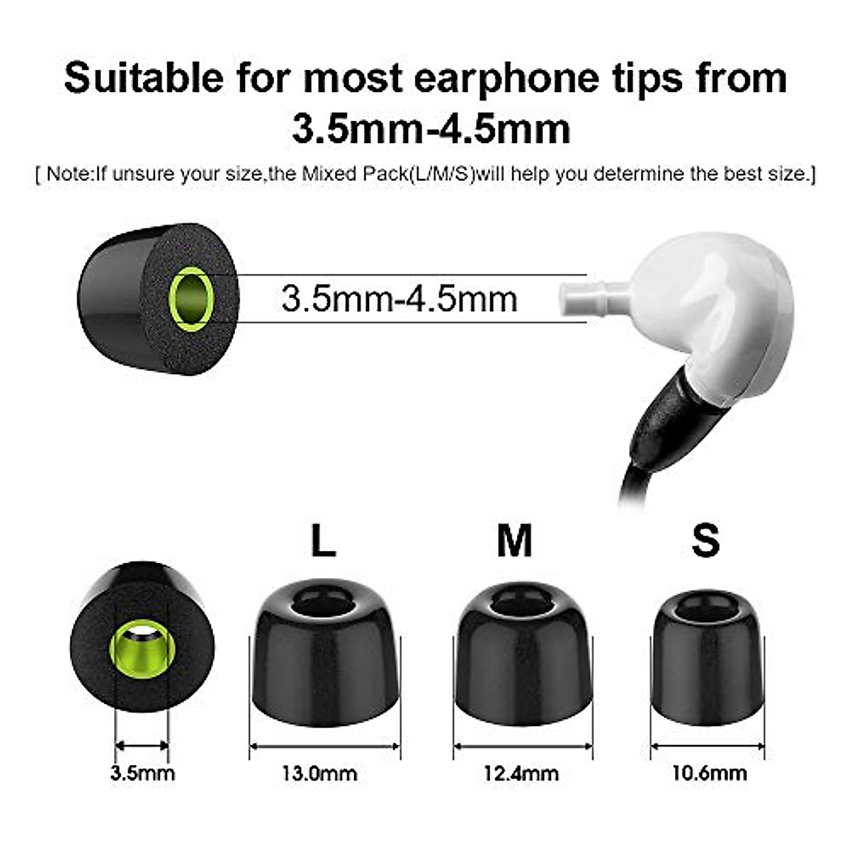 [6 Pairs] Earphone Tips for Sennheiser IE800 Westone FEYCH Premium Replacement Memory Foam Earbud Tips Noise Isolation Foam Tips Suit for 3.5-4.0mm in-Ear Earphones with Storage Box(S/M/L, Black)