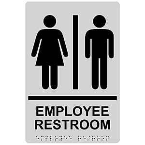 ComplianceSigns.com Employee Restroom Sign with ADA-Compliant Braille and Raised Letters, 9x6 in. Pearl Gray Acrylic with Adhesive Mounting Strips