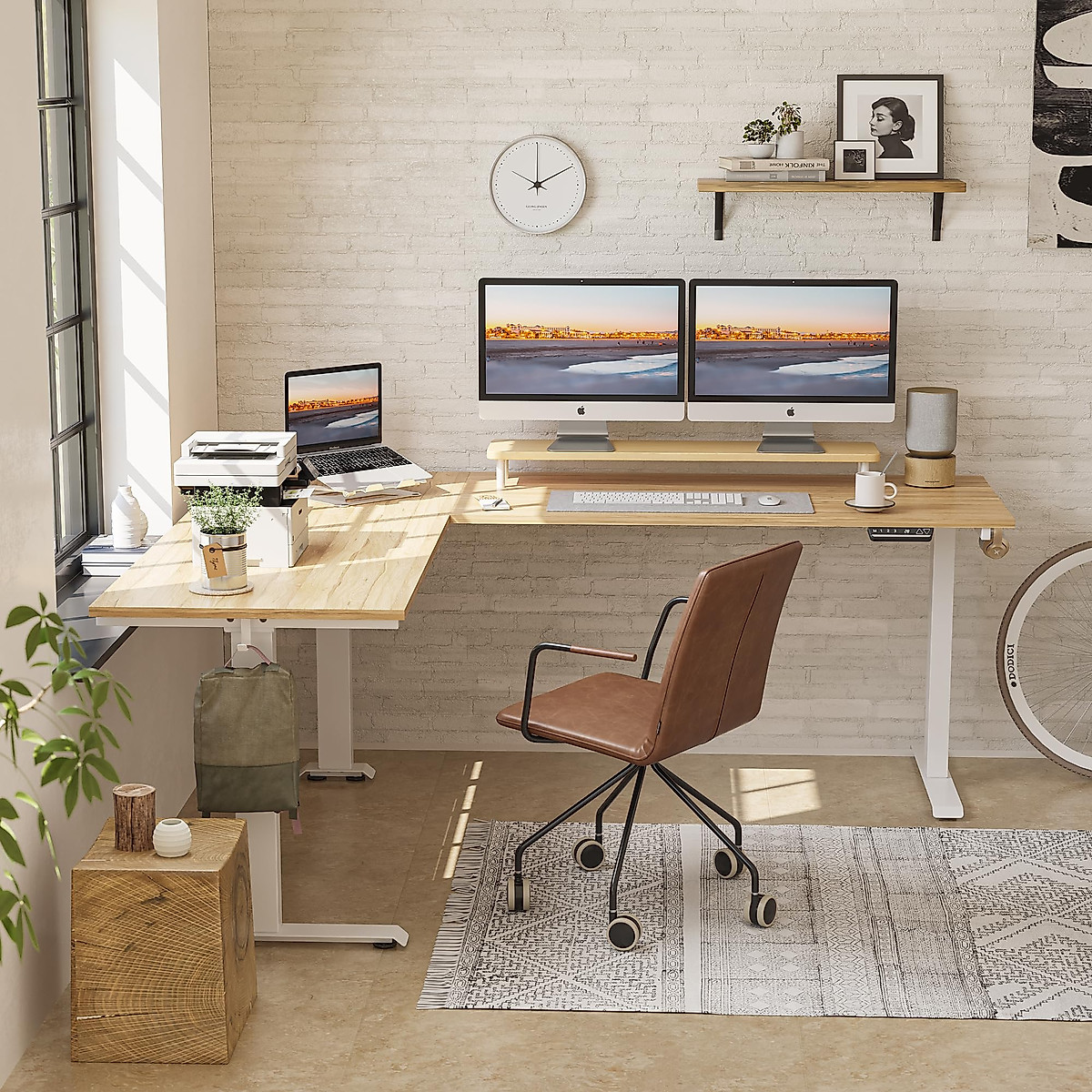 FEZIBO 75 Inches Triple Motor L Shaped Standing Desk Reversible, Electric Height Adjustable Corner Stand up Desk, Sit Stand Desk Computer Workstation, White Frame/Natural Top