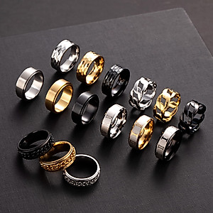 LOAYHOAY 15PCS Stainless Steel Band Rings for Men Women Fidget Rings for Anxiety Engagement Wedding Promise Rings Set Size9