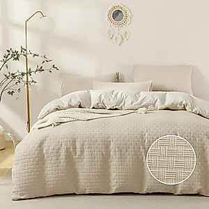 JELLYMONI Creamgrey Duvet Cover Twin Size - 3 Pieces Soft and Breathable Microfiber Knitted Jacquard Waffle Weave Striped Comforter Cover with 8 Corner Ties & Zipper Closure