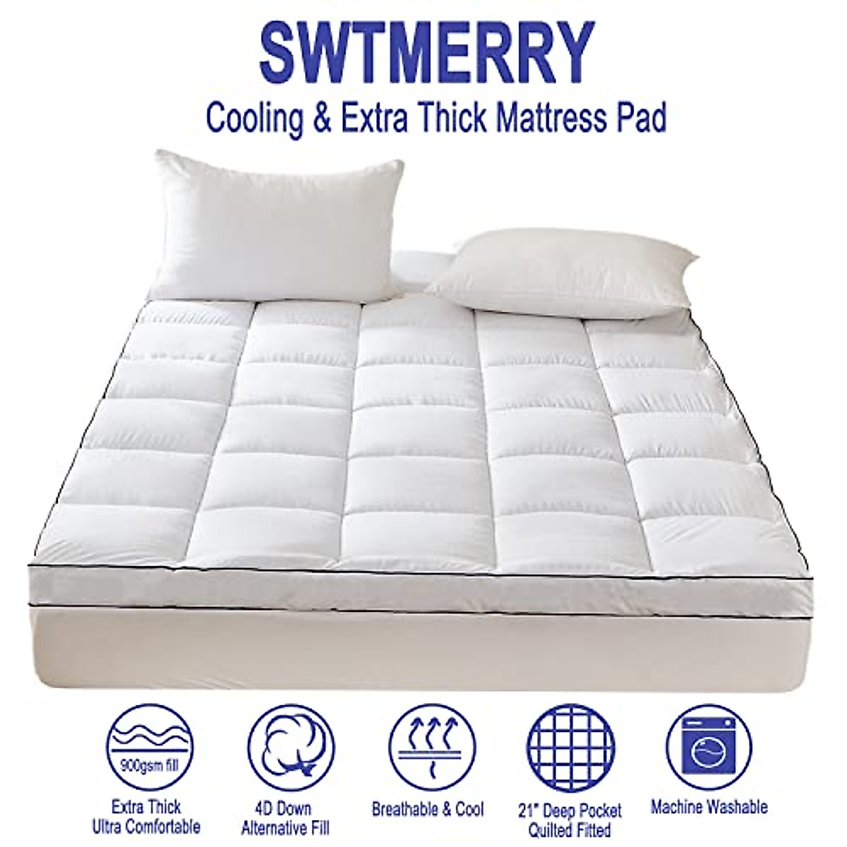 SWTMERRY King Size Mattress Pad Topper - Extra Thick Quilted Fitted Mattress Protector Pillow Cotton Top with 21" Deep Pocket for 8-24 inches Mattress,Soft and Breathable Bed Topper Cover
