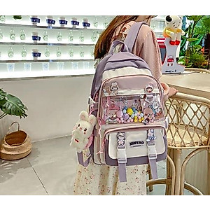 HomeSweety Aesthetic lovely cute Back to school pastel backpack with free kawaii cartoon pendant accessories pins for teen girls