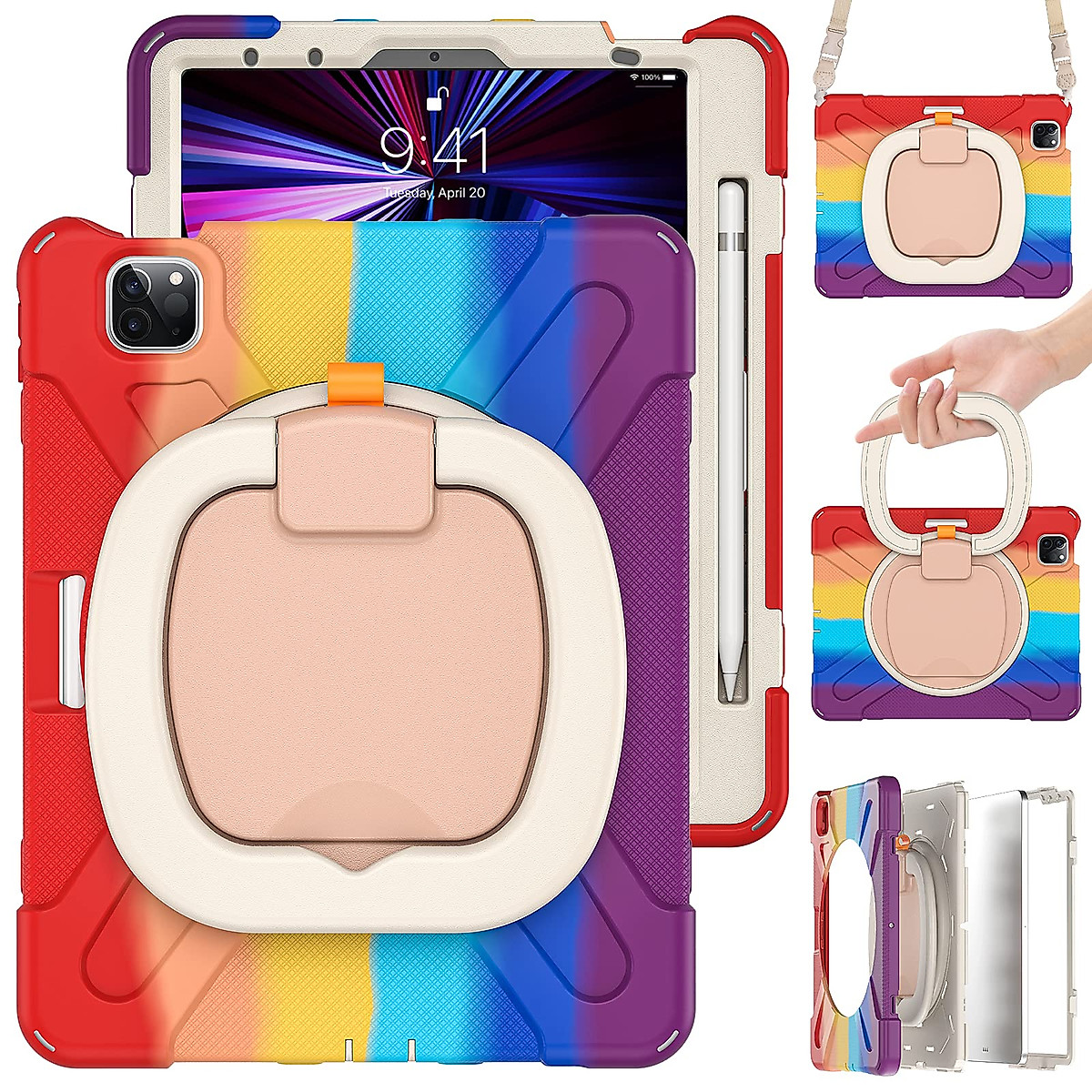 MEEgoodo Case for iPad Pro M2 12.9 Case 6th/5th/4th/3rd Generation 2022 2021 2020 2018, Tablet Cover with Pencil Holder/Rotating Stand/Shoulder Strap for Kids, Colourful Red