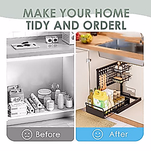 Under Sink Organizer,3-Tier Metal Pull Out Kitchen Cabinet Organizer Freely Adjustable，No Drilling Rustpro of Stainless Steel,Sturdy Multi-Functional for Kitchen Bathroom Organization (White)