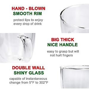 BothEarn Glass Coffee Mug Set of 2 - Double Wall Clear Espresso Cup with Large Handle, Great for Latte, Cappuccino and Juice, 19 Ounce (560 ml), BE026