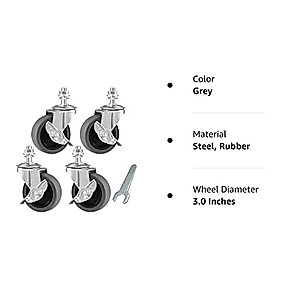 WHARSTM Caster Wheels, 3" Locking Swivel Casters Set of 4, 3/8"-16 x 1" (Screw Diameter 3/8 ", Screw Length 1") Casters, Rubber Casters with 360 Degree No Noise Castor Wheels, Stem Casters with Brake