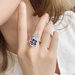 Double Flowers Diamond Promise Ring for Women Dainty Cubic Zirconia Crystal Climber Wrap Finger Band Engagement Open Statement Rings Wedding Bands Elegant Jewelry