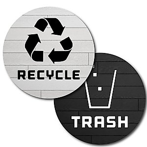 8 Pack Recycle and Trash Stickers - 2.5in Circle - to Organize Your Home and Kitchen Trash - for Trash Bins, Garbage Cans and Recycle Bins - Premium UV Protected Vinyl Sticker (Wood Planks - White)