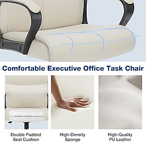 Executive Office Chair Computer Desk Chair with Padded Armrests, Ergonomic Chair Mid Back Lumbar Support and Adjustable Height & Tilt Angle Home Office Desk Chairs PU Leather Swivel Chair, Cream