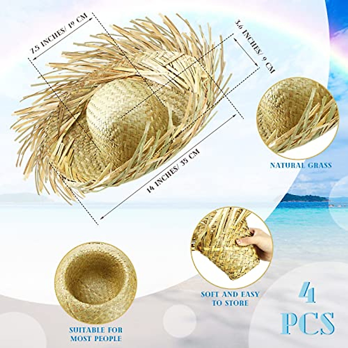 4 Pcs Beach Hat Costume Accessory Straw Hat Costume Beachcomber Hats for Beach Themed Party Hillbilly Costume Luau Party Headwear