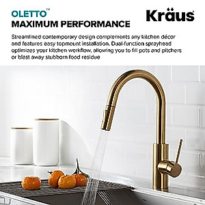 KRAUS Oletto Pull-Down Kitchen Faucet and Purita Water Filter Faucet Combo in Brushed Brass, KPF-2620-FF-100BB