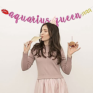Aquarius Queen Banner, January February Birthday Banner, Aquarius Sign, Zodiac Aquarius Birthday Party Decorations for Her, Happy 21st ,25th, 30th, 40th,50th, 60th Birthday Party Decor, Rose Glitter