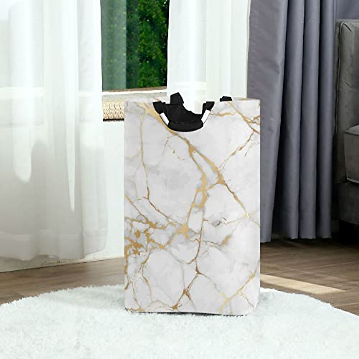 Kigai White Gold Marble Texture Laundry Basket Large Collapsible Waterproof Laundry Hamper with Handles Portable Storage Basket Dirty Clothes Toys Organizer for College Dorms, Nursery, Bathroom