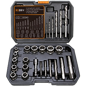 REBRA Screw&Bolt Extractor Set and Left-Hand Drill Bit Set, with Hex Adapter, Easy Out Stripped Screw Remover Socket Set Tool for Stripped, Damaged, Rounded-Off, Rusted Bolts, Nuts&Screws 26-Pieces