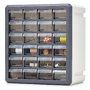 EZOWare Art Craft Storage Organizer Box, 24 Pull-Out Drawer Stackable Clear Plastic Divided Adjustable Container Bins for Small Parts, Scrapbook, Hobby, Sewing Supplies, Jewelry - White/Gray