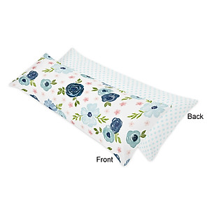 Sweet Jojo Designs Navy Blue and Pink Watercolor Floral Body Pillow Case Cover (Pillow Not Included) - Blush, Green and White Shabby Chic Rose Flower Polka Dot