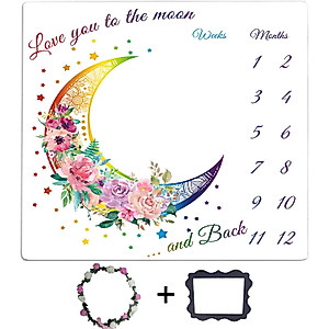 Floral Baby Month Milestone Blanket for Boy and Girl Love You to The Moon and Back Photography Blanket for Baby Shower Infants Photo Blanket for Pictures 48"x48" BTYYLU9