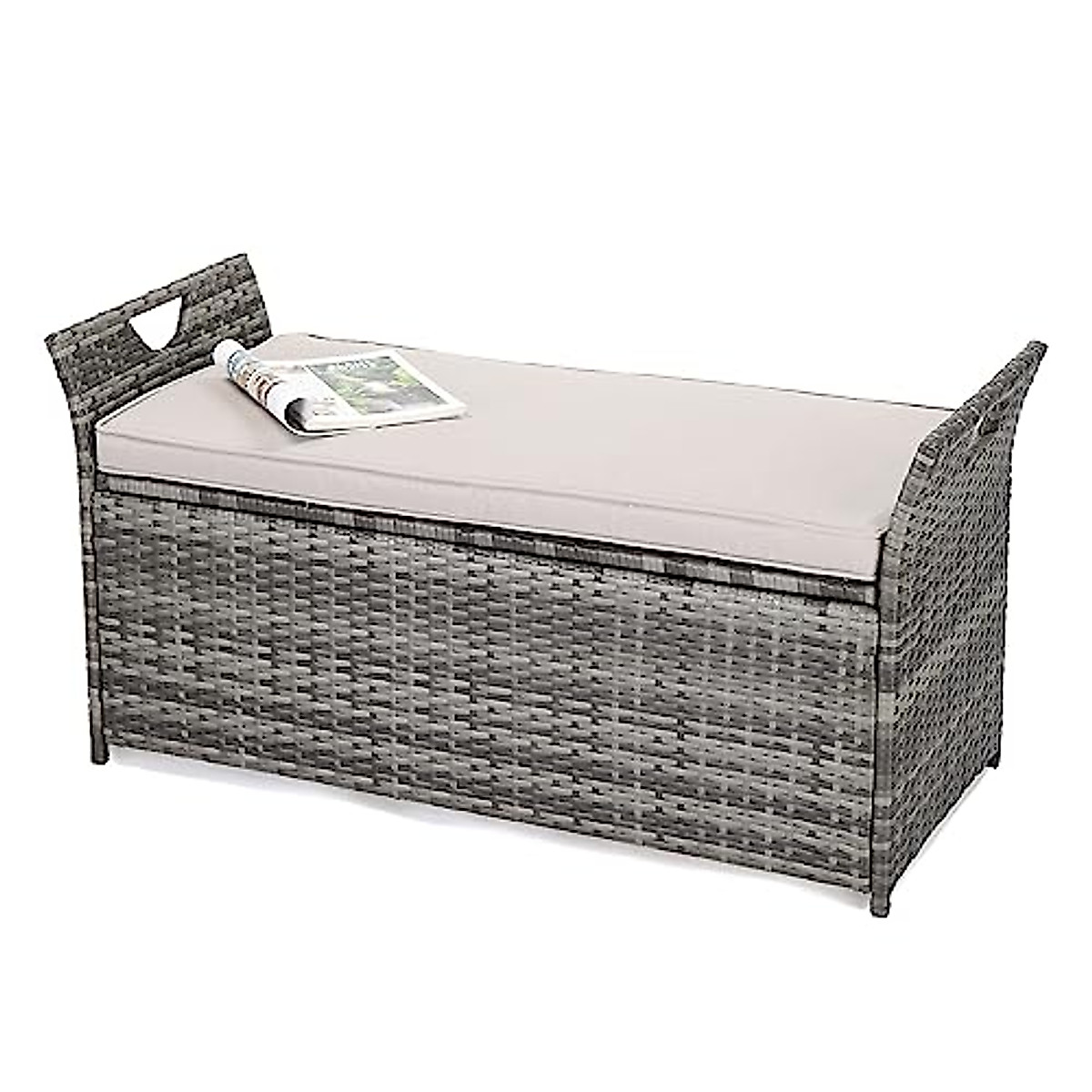 VINGLI 40 Gallon Outdoor Storage Bench with Cushion, Rattan Storage Box, Patio Wicker Deck Box with Seat for Garden | Balcony | Porch | Pool | Yard (Grey Frame + Light Grey Cushion)