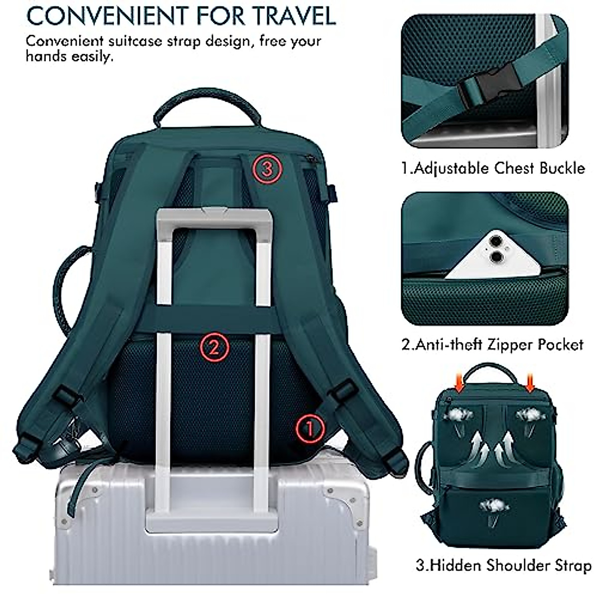 Beraliy Large Travel Backpack, Flight Approved Personal Item Bag, 17 Inch Laptop Backpack, 40L Carry On Luggage Daypack, Business Weekender Overnight Bag, Peacock Blue