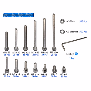 iexcell 1500 Pcs M3 x 4/6/8/10/12/16/20/25/30/35/40/45/50 Stainless Steel 304 Hex Socket Head Cap Screws Blots Nuts Washers Assortment Kit