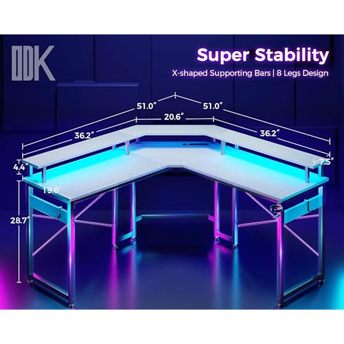 ODK L Shaped Gaming Desk with LED Lights & Power Outlets, 51" Computer Desk with Full Monitor Stand, Corner Gaming Table with Hooks & Cup Holder, White