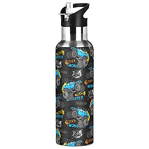 Wusikd Monster Truck Water Bottle with Straw Lid Double Wall Car Thermos Bottle Vacuum Insulated Flask Stainless Steel Water Bottle for Gym Outdoor 20 OZ