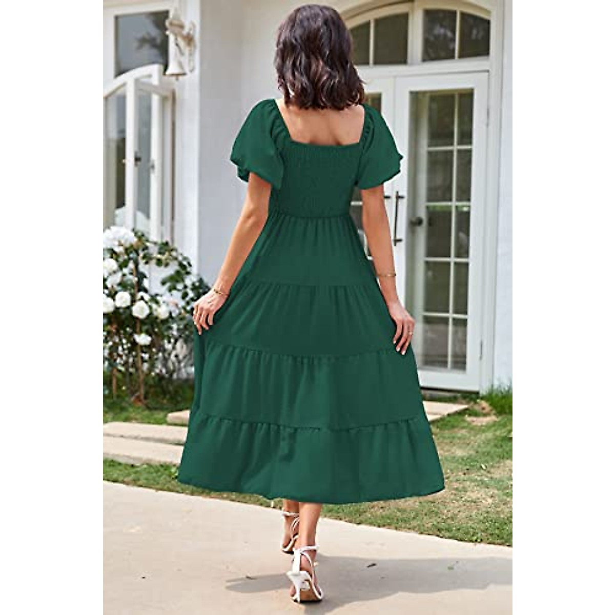 ROYAL MATRIX Women's Summer Short Puffy Sleeve Midi Dress Square Neck Smocked Flowy Tiered Beach Dress Flowy A Line Dress (Dark Green, Medium)