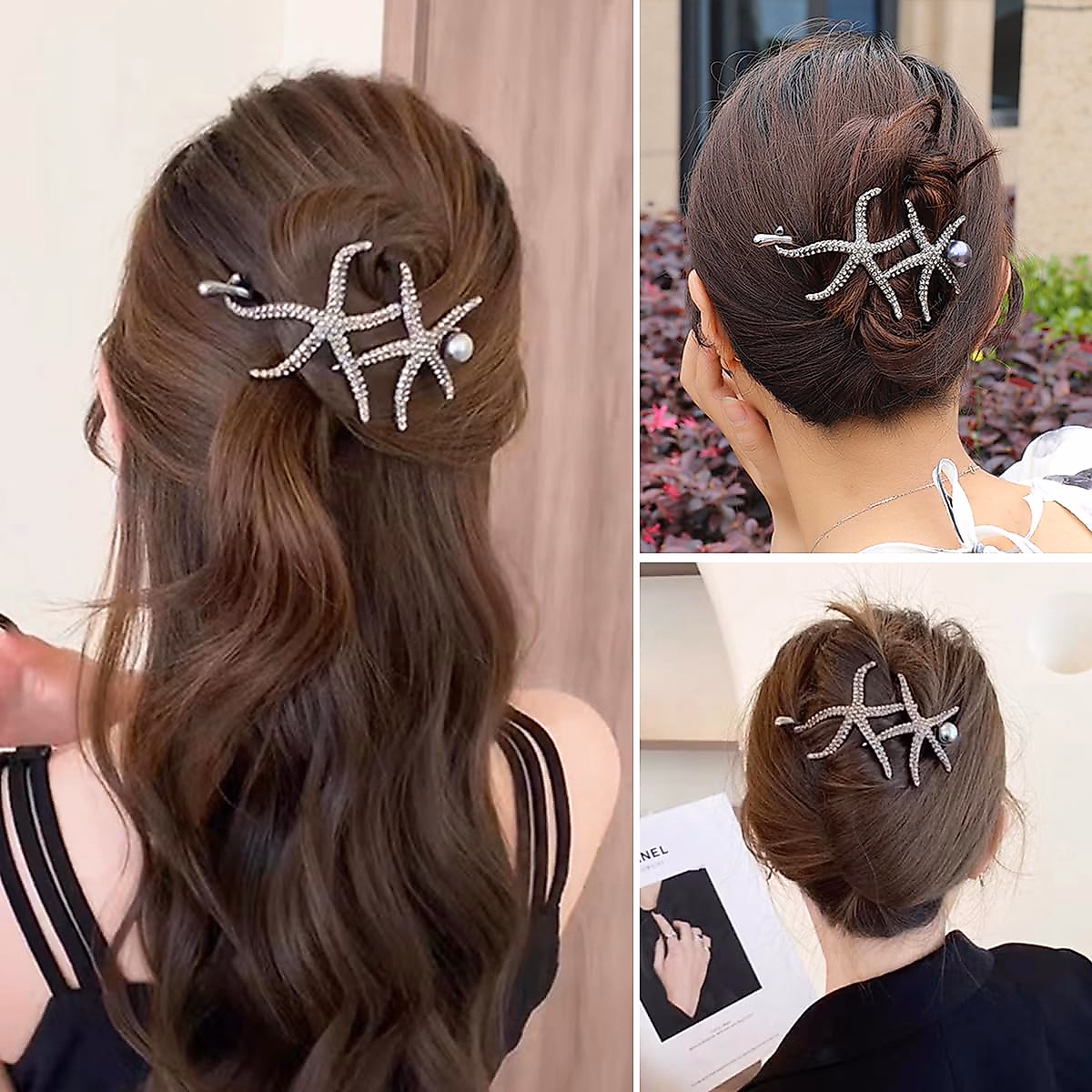 4 PCS Starfish Hair Claws Clips for Women French Hair Clip Style Pearl Rhinestone Twist Banana Hairpins Minimalist Hair Pins Bridal Hair Accessories