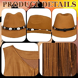 Jeyiour Set of 2 Cowgirl Outfits for Women Halloween 70s Hippie Cowboy Hat Fringe Vest Western Hats for Women Costume(Khaki, Medium)