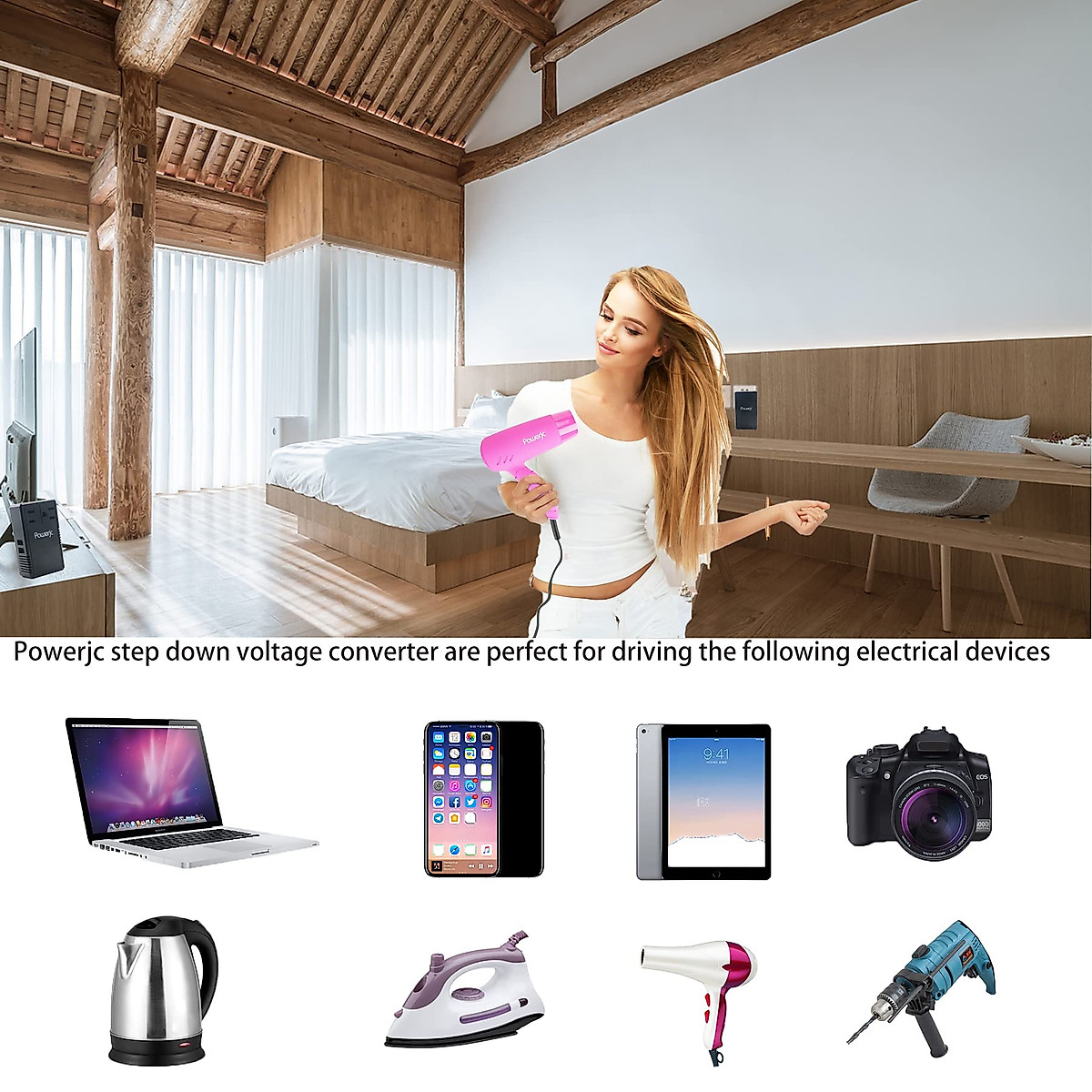 Powerjc Travel Voltage Converter Adapter Power Step Down 220V to 110V 2000W with 2 Outlets and 2 Smart USB Charging Ports Black