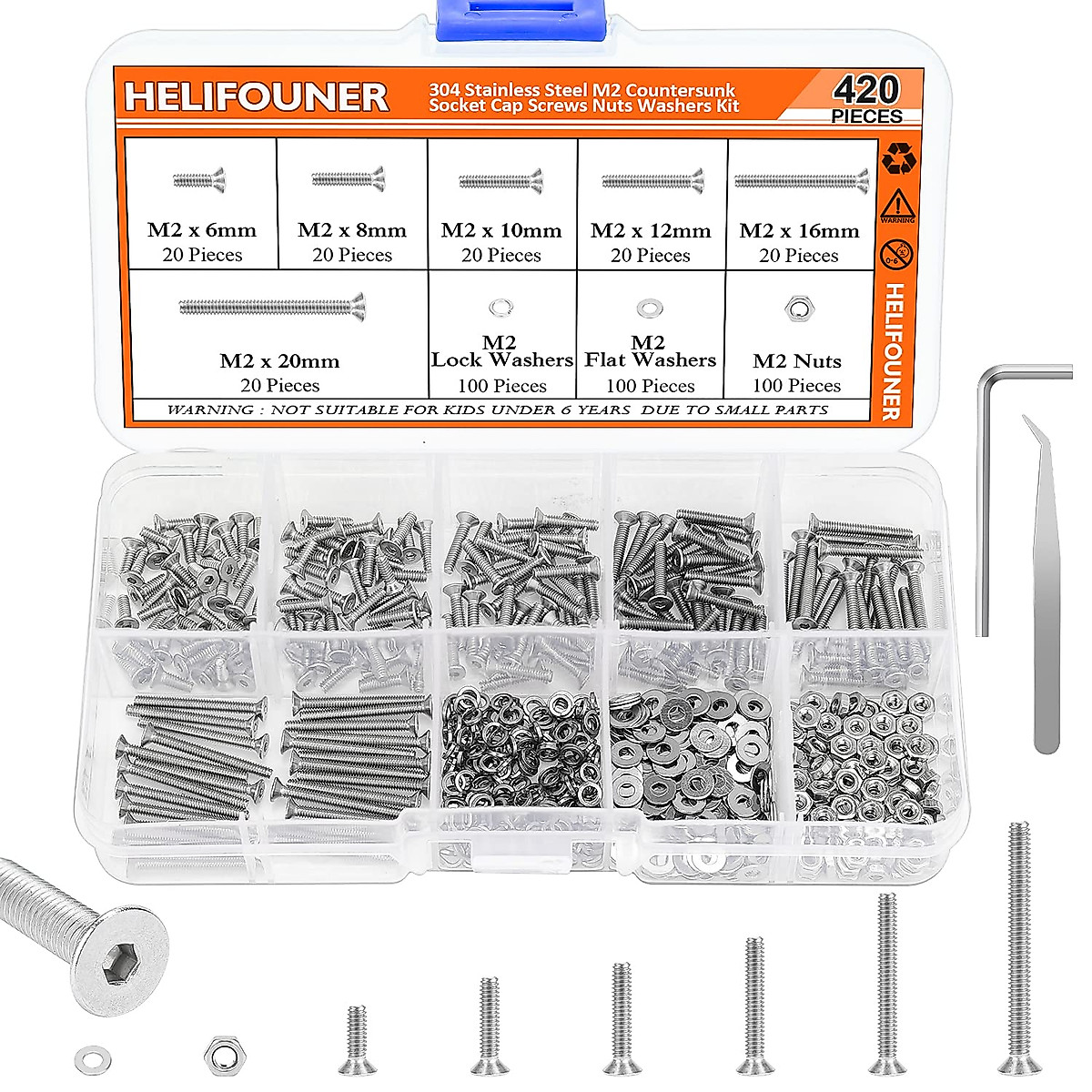 HELIFOUNER 420 Pieces M2 x 6mm /8mm /10mm /12mm /16mm /20mm, 304 Stainless Steel M2 Countersunk Socket Cap Screws Nuts Washers Kit