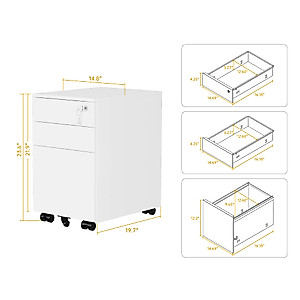 3 Drawer File Cabinet with Lock, Mobile Rolling File Cabinet, Under Desk File Cabinet Fully Assembled Except Casters, Metal Small Filing Cabinet for Home Office