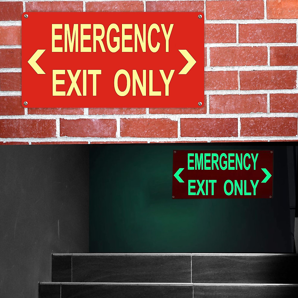 (2Pack) Photoluminescent Emergency Exit Sign Red, Glow In The Dark Aluminum Exit Sign - Adhesive Backing - 4pcs Removable Arrows Included - 14.25 x 7.5 Inches - Non Electrical Exit Sign