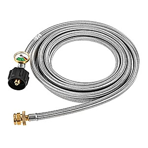 Lemfema 15 FT Propane Adapter Hose with Gauge, 1 lb to 20 lb Stainless Braided Hose for QCC1/Type1 Tank Connects, Compatible with Coleman Camp Stove, Buddy Heater and More 1lb Portable Appliance