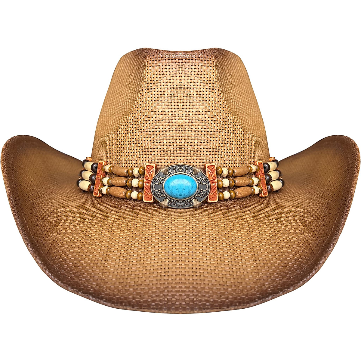 Western Outback Cowboy Hat Men's Women's Style Straw Felt Canvas Brown/Blue Gemstone (ST-18-BR)