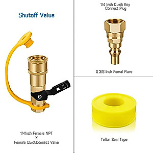 1/4" RV Propane Quick Connect Fittings Adapter Kit, Premium Brass Shutoff Valve & Full Flow Plug & 3/8" Female Flare & 1/4" Female & Male NPT for Natural Gas Quick On or Off, RV, Trailer, BBQ