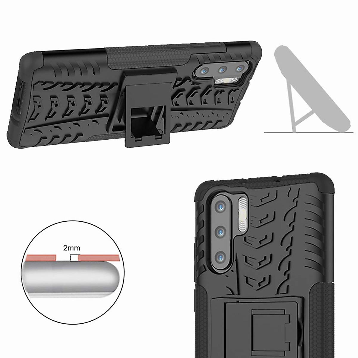 Phone Case for Huawei P30 Pro with Tempered Glass Screen Protector Cover and Stand Kickstand Hard Rugged Hybrid Protective Cell Accessories Rubber Hawaii P30Pro P 30 Pro30 Cases Men Black