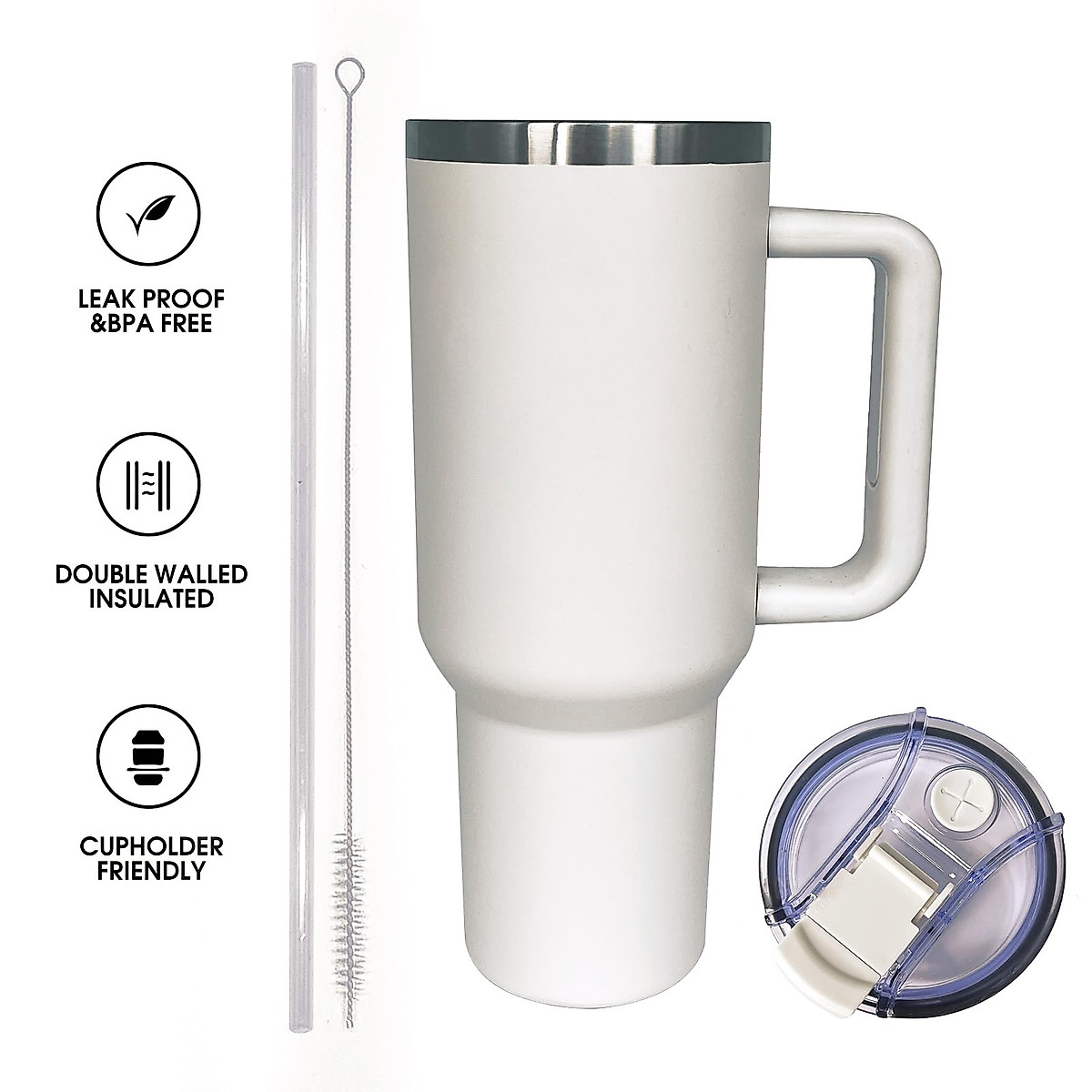 40 oz Tumbler with Handle and Straw Lid,Insulated Reusable Stainless Steel Water Bottle Travel Mug，Cupholder Friendly Double Wall Vacuum Sealed Cup Rice White