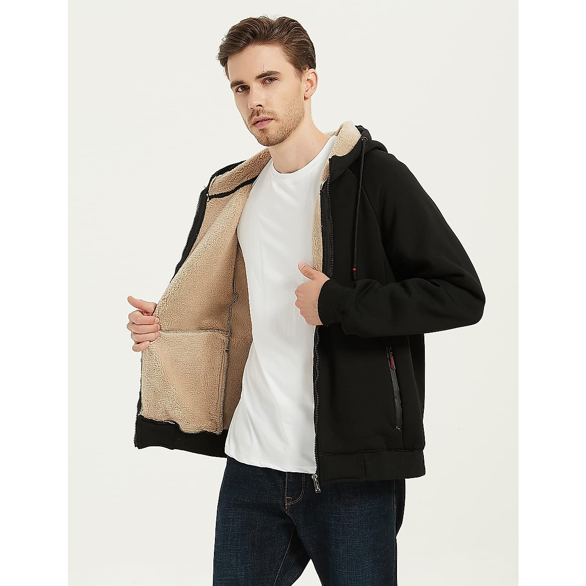 Flygo Hoodies for Men Zip Up Winter Fleece Sherpa Lined Sweatshirt Warm Jacket(Black-XL)