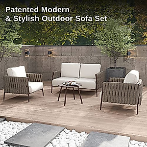 EAST OAK Life Chatter 4 Pieces Patio Furniture Set, Outdoor Furniture with Coffee Table, Patio Conversation Set Deep Seating with Thick Cushion, Backyard Porch Balcony, Chestnut Brown & Creamy Apricot