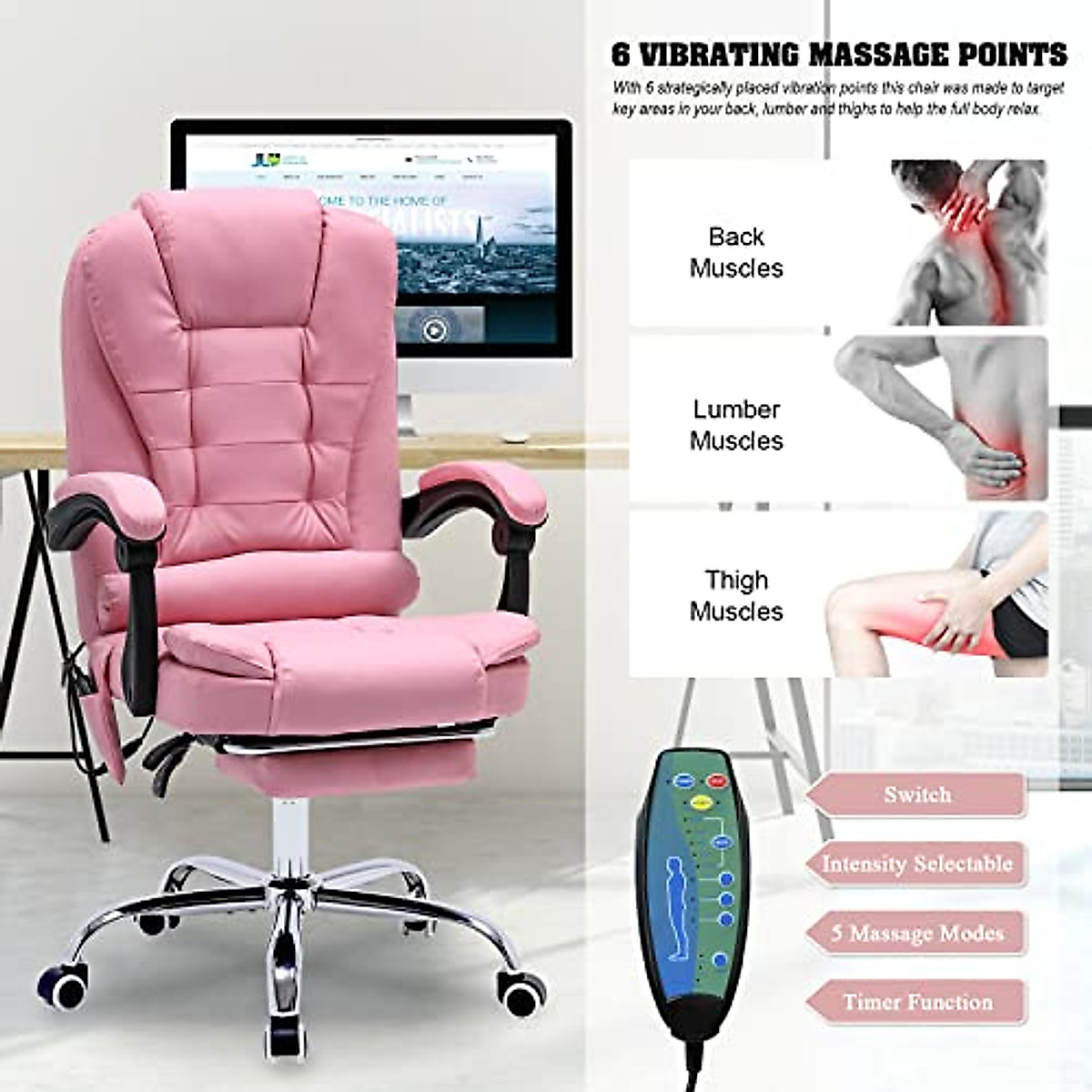 Belandi Massage Office Chair, Ergonomic Executive Computer Chair w/Foot Rest, PU Leather Executive Office Chair w/Heated, Padded Armrest, High Back Swivel Recliner for Office Home Study (Pink)