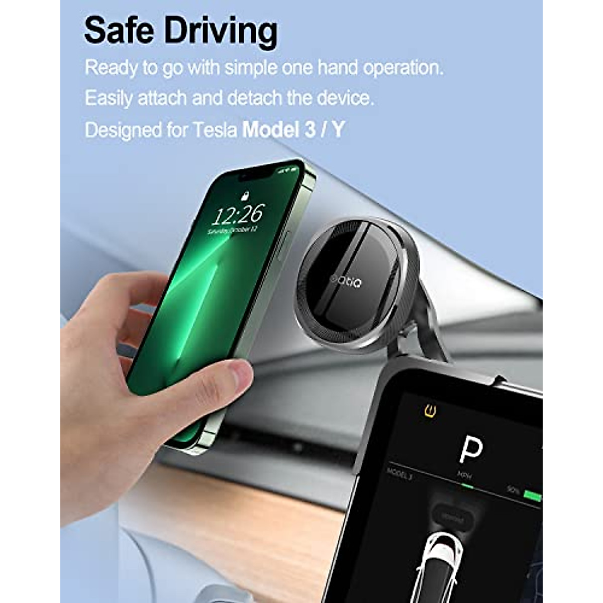 OQTIQ for Tesla Phone Mount for MagSafe Model 3 / Y Accessories Magnetic Car Phone Holder Flip Cover Design 360° Free Rotation for iPhone 14 13 12 Pro Max Mini All Phones Compatible with MagSafe Case