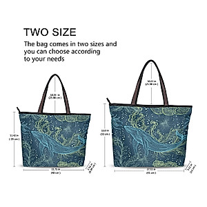 Women Tote Bag Zippered Whale Handbag Whale Tote Purse with Pockets